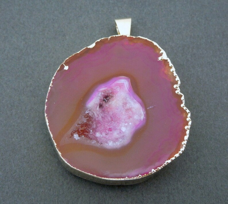 Hot Pink Geode Half Druzy Crystal Pendant -- Gold Electroplated Pendant ...