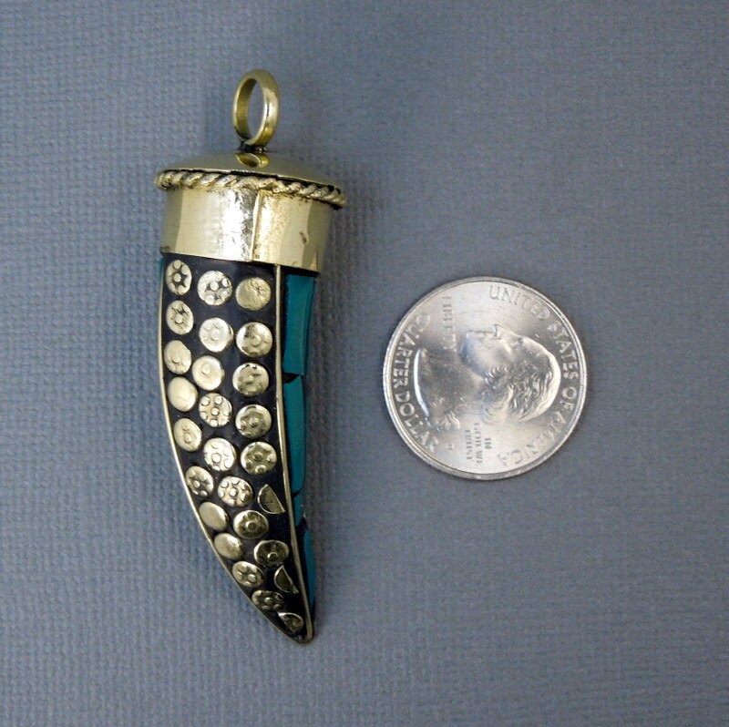 Horn Pendant Tibetan Brass Dotted Flower and Turquoise Horn - Etsy