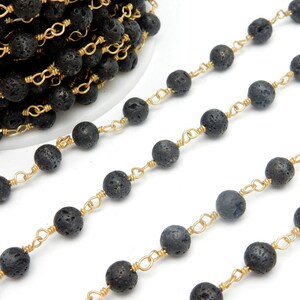 Round Lava Rock Rosary Beaded Chain Gold Plated Wire Wrapped Chain ...