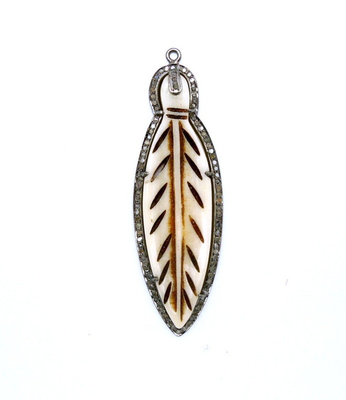Pave Diamond Feather Pendant -- Carved Bone Feather Pendant Set in an ...