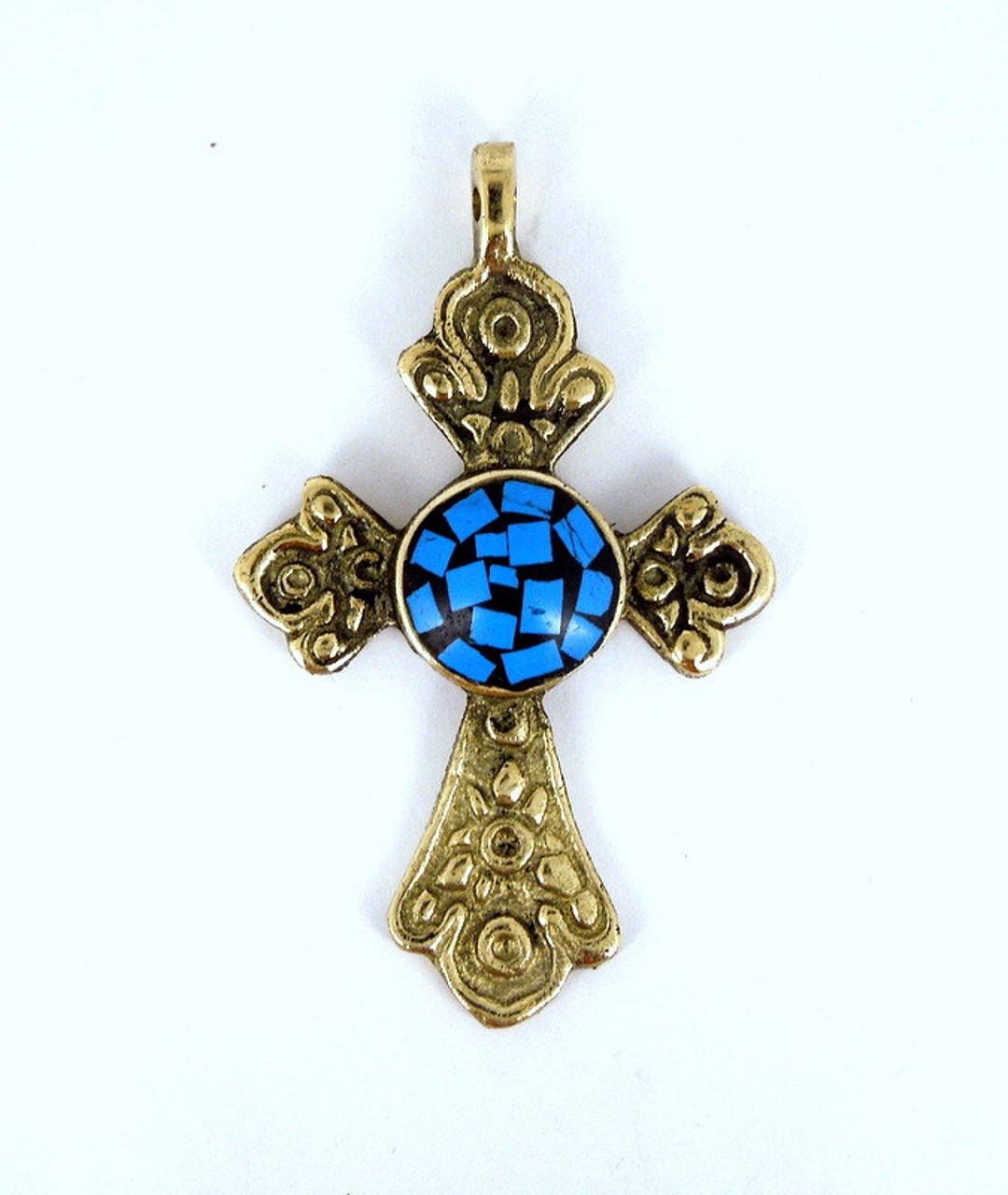 Large Brass Cross - Tibetan Cross - Cross With Turquoise Mosaic Inlay ...