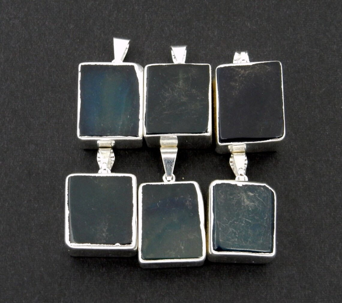 Natural Dark Blue Agate Block Pendant With Silver - Etsy