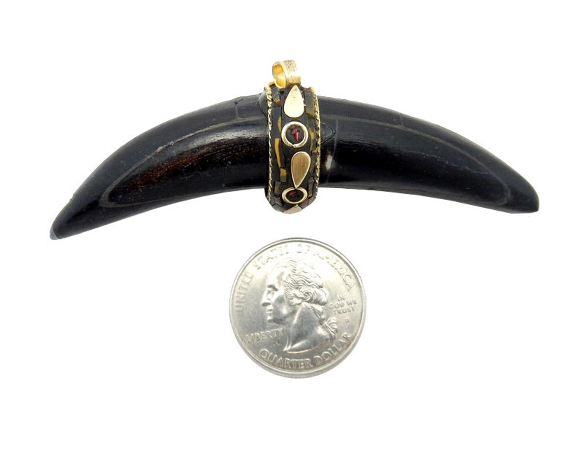 Black Bone Carved Sideways Horn Pendant With Brass Band and Red Coral ...