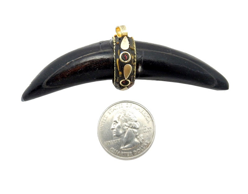 Black Bone Carved Sideways Horn Pendant With Brass Band and - Etsy