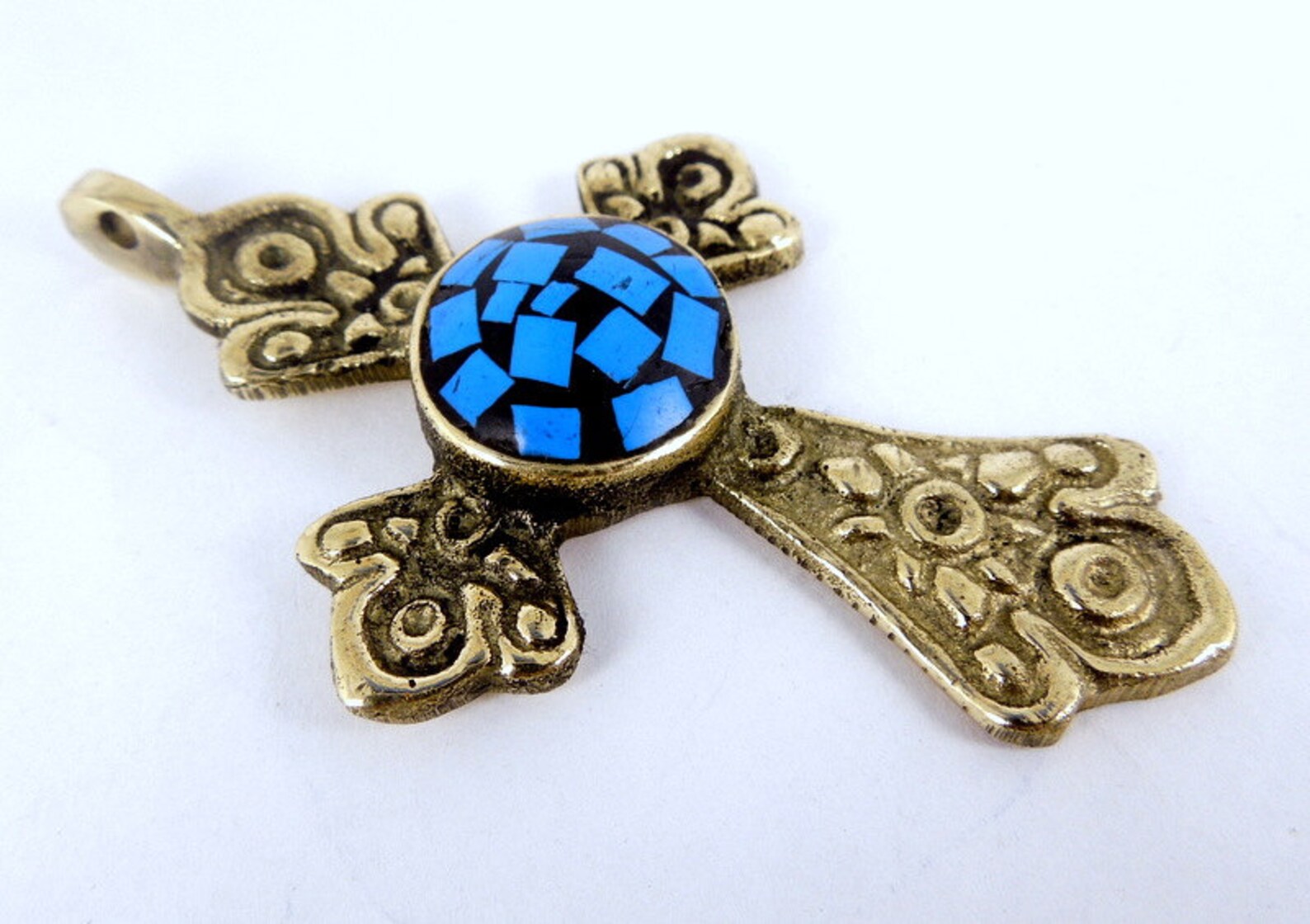Large Brass Cross - Tibetan Cross - Cross With Turquoise Mosaic Inlay ...