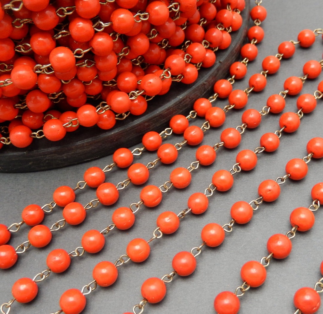 Round Red Colored Glass Chain Antique Gold Toned Wire Wrapped Glass ...