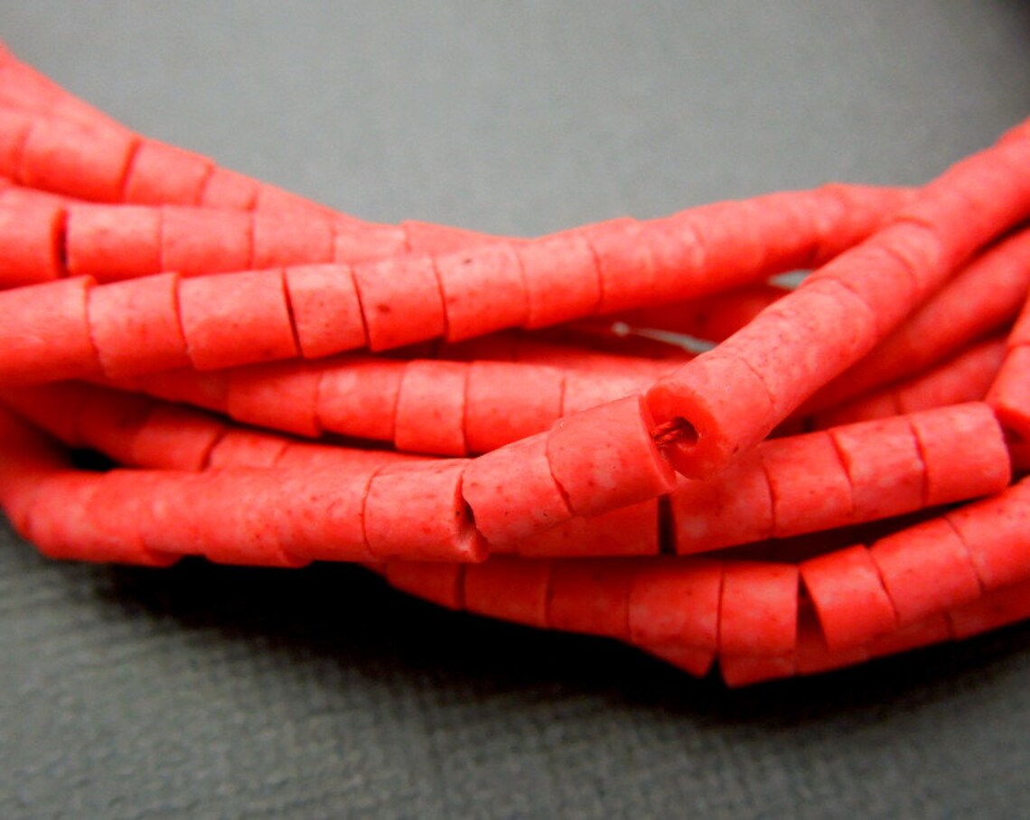 Coral Color Beads-- Dyed Coral 4mm X 3mm Tube Heishi Beads -- 1 STRAND ...