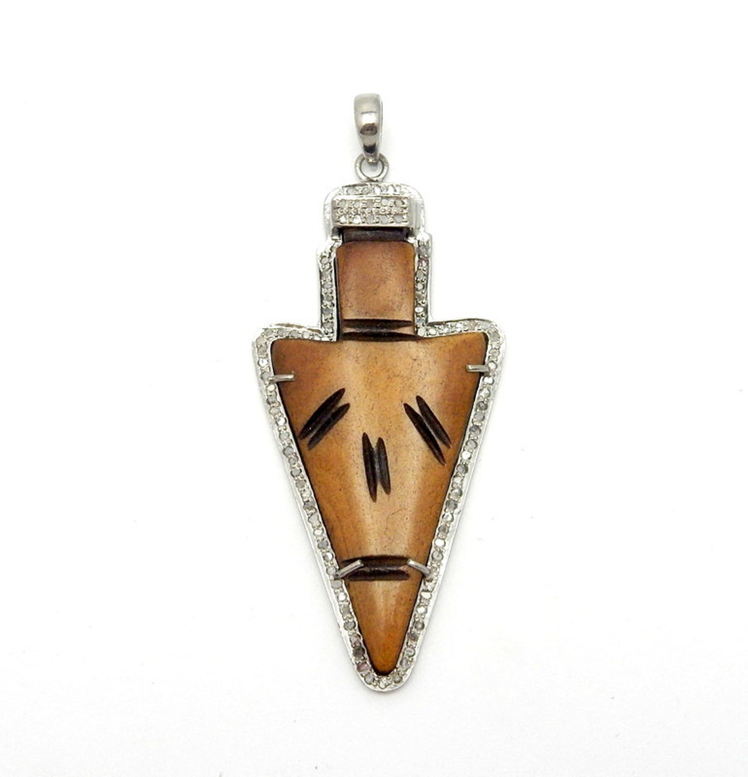Pave Diamond Brown Bone Arrowhead Pendant With Oxidized Sterling Silver ...