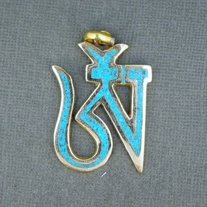 Brass OM Pendant With Turquoise Inlay-- OM Tibetan Pendant With ...