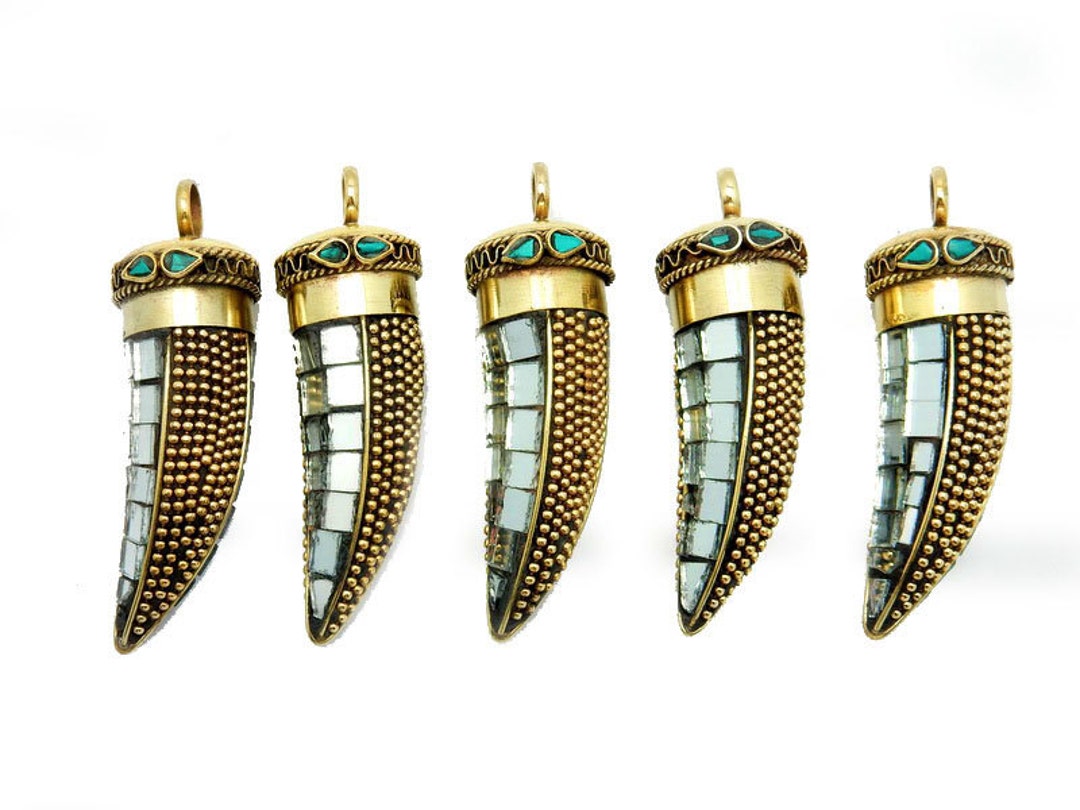 Tibetan Mosaic Mirror and Brass Dotted Horn Pendant With Small ...