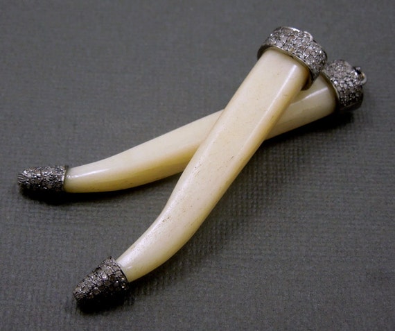Pave Diamond Thin Carved Bone Horn Pendant With an Oxidized | Etsy