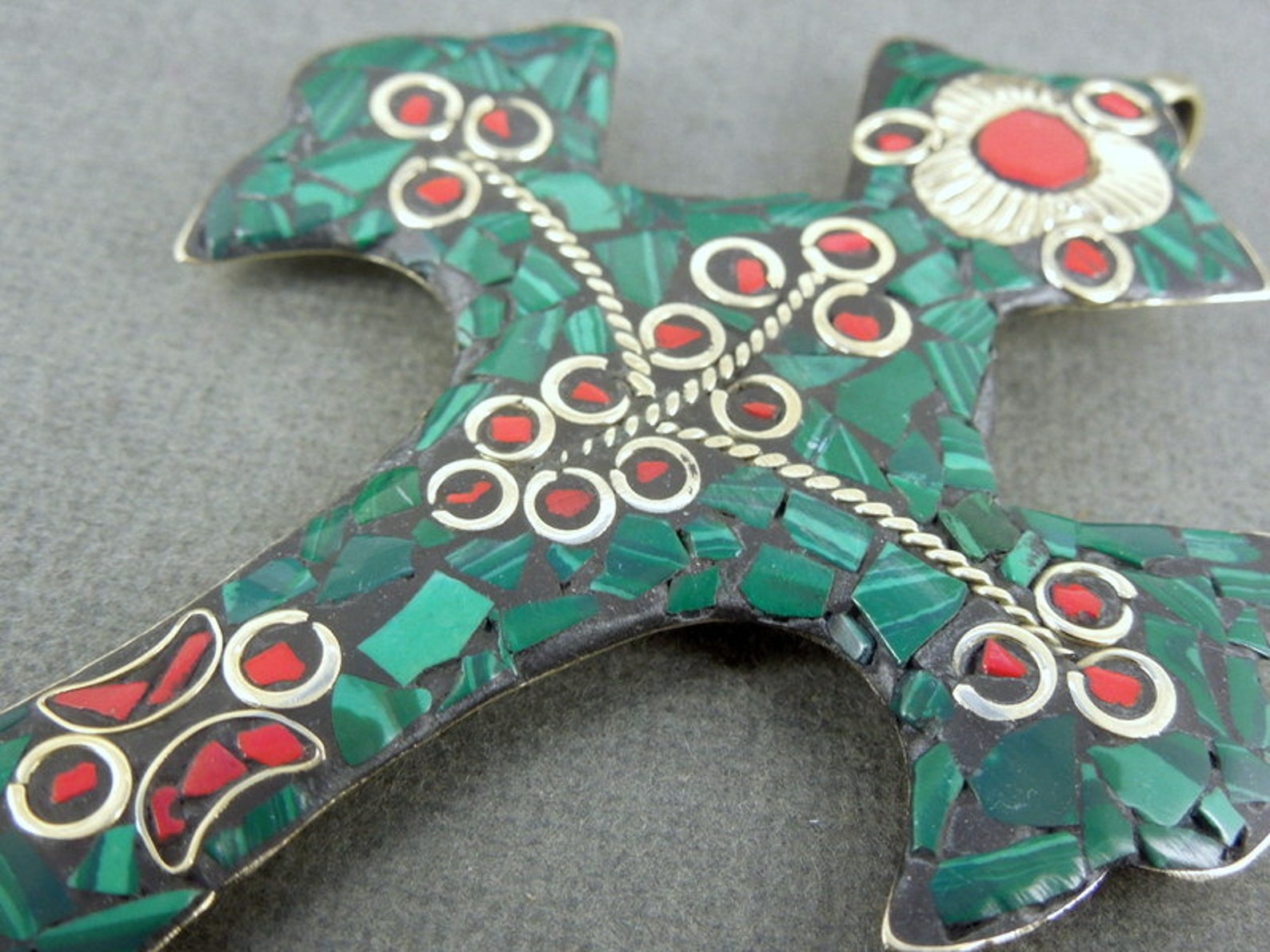 Large Brass Cross - Tibetan Cross - Cross With Malachite, Red Coral and ...