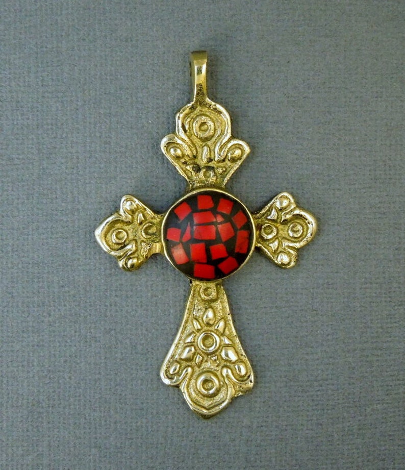 Large Brass Cross - Tibetan Cross - Cross With Dyed Red Coral Mosaic ...