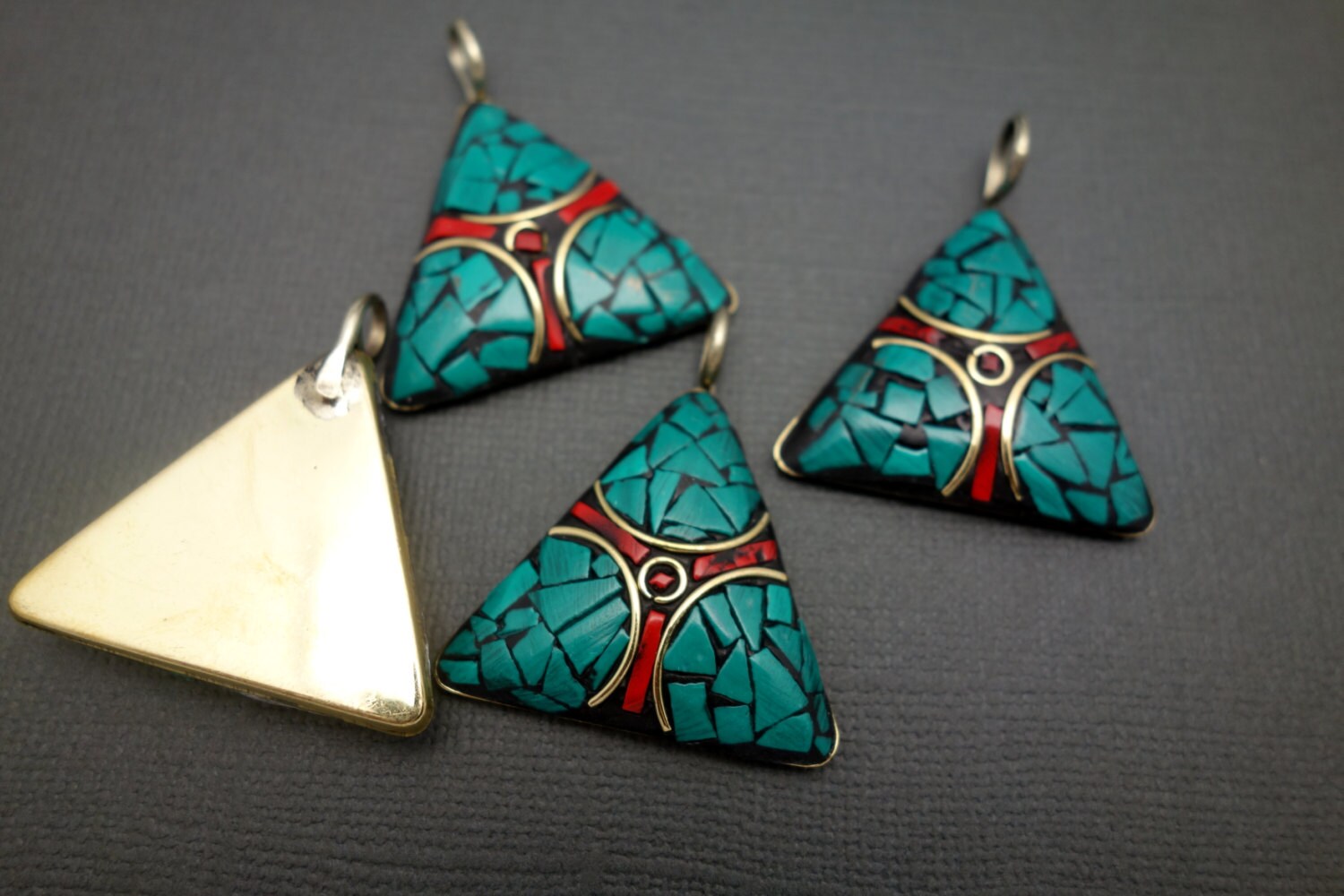 Triangle Pendant Turquoise Brass and Coral Color Tibetan Charm - Etsy