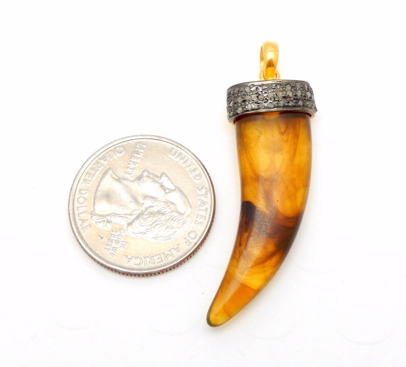 Pave Diamond Amber Colored Horn Charm Pendant With Gold Over Oxidized ...