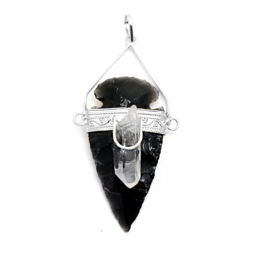 Black Obsidan Arrowhead Pendant With Crystal Quartz Point Accent ...