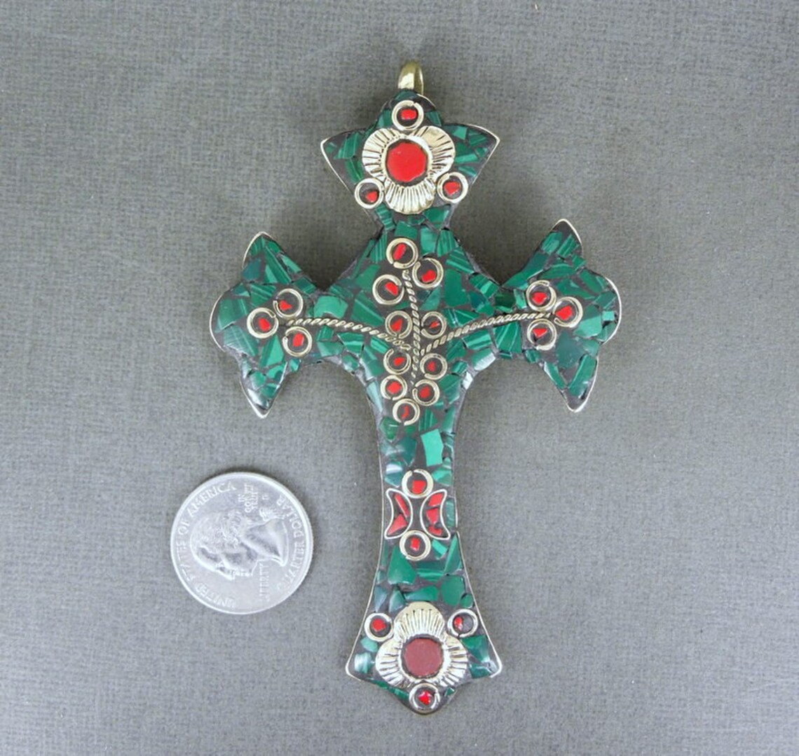 Large Brass Cross Tibetan Cross Cross With Malachite Red - Etsy