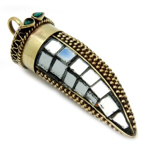 Tibetan Mosaic Mirror and Brass Dotted Horn Pendant With Small ...