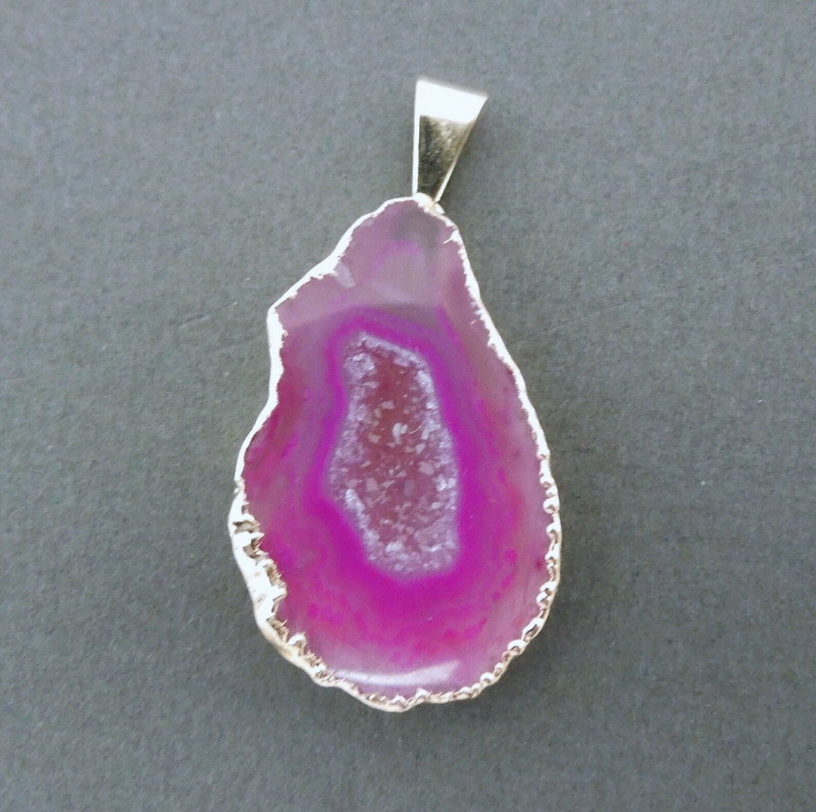 Petite Hot Pink Geode Half Druzy Crystal Pendant -- 24k Gold ...