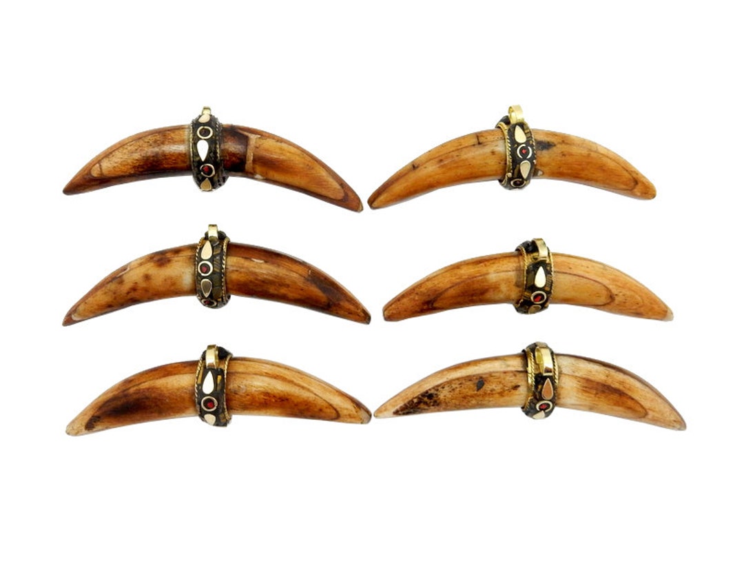 Light Brown Bone Carved Sideways Horn Pendant With Brass Band and Red ...