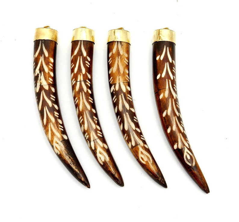 Large Brown Bone Horn Pendant With Carved Accents and Brass Cap (S55B25 ...