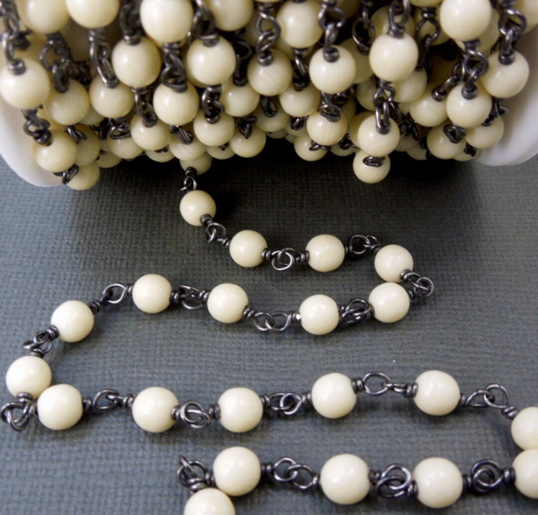 Wire-wrapped Bone Beaded Chain-- Rosary Style Black Polish Over ...
