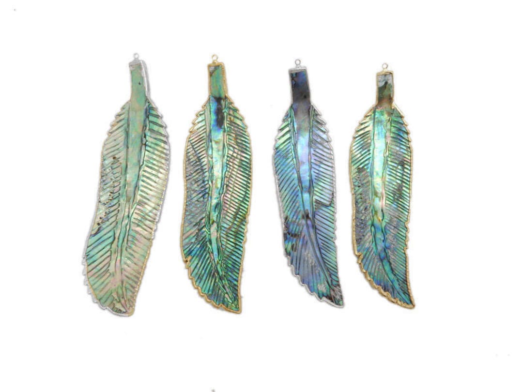 JUMBO Abalone Feather Pendant With Electroplated 24k Gold or Silver ...