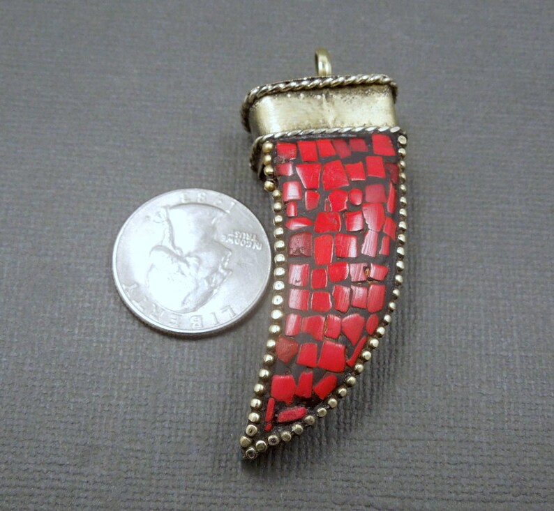 Red Coral Mosaic Horn With Brass Cap and Bail - (S77B3-03) - Etsy