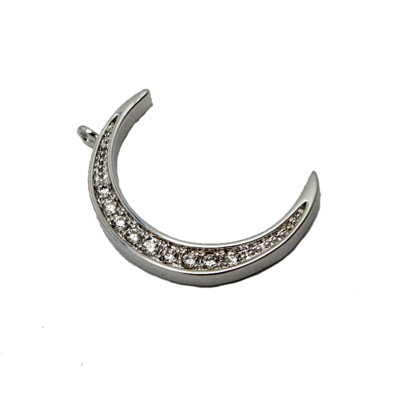 Half Moon Charm -- Silver Plated Half Moon Pendant With Rhinestone Pave ...