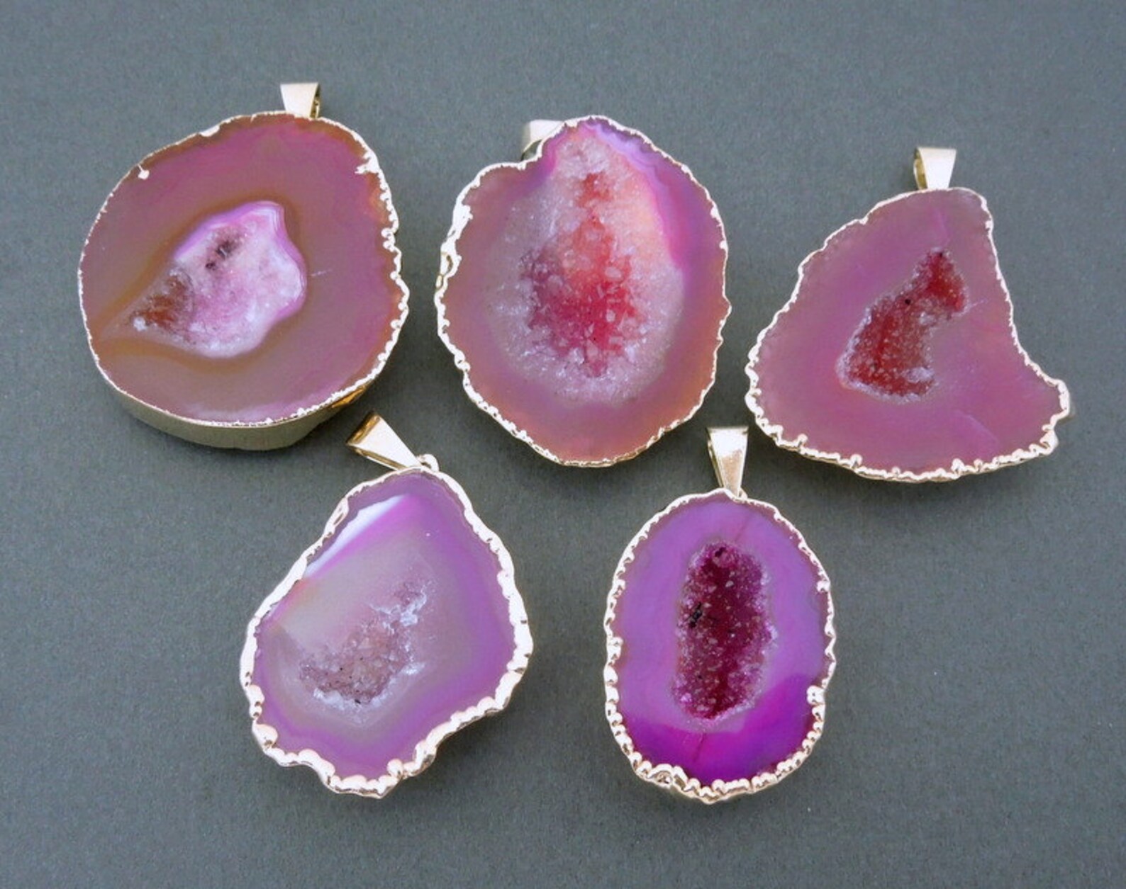 Hot Pink Geode Half Druzy Crystal Pendant -- Gold Electroplated Pendant ...