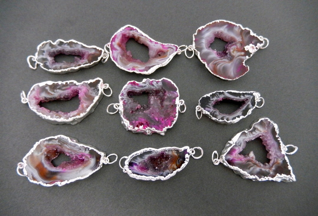 15% off Pink Agate Dyed Pink Druzy Agate Slice Double Bail Connector Pendant Electroplated ...