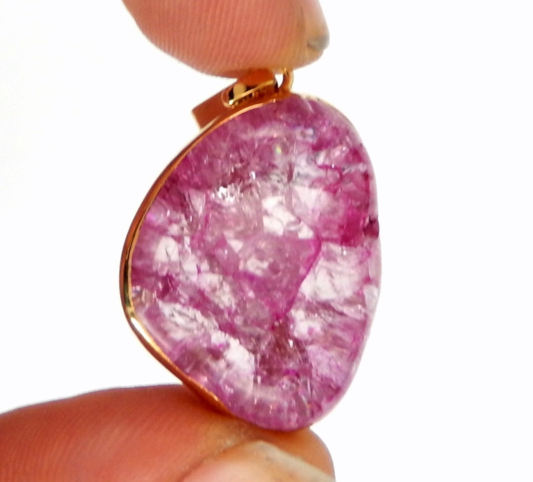 Pink Crackle Crystal Quartz Pendant Charm With 24k Gold Electroplated ...