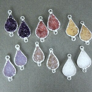 Druzy Drusy Druzzy Teardrop Pendant Connectors Edged in Sterling Silver ONE PAIR Silver Druzy ...