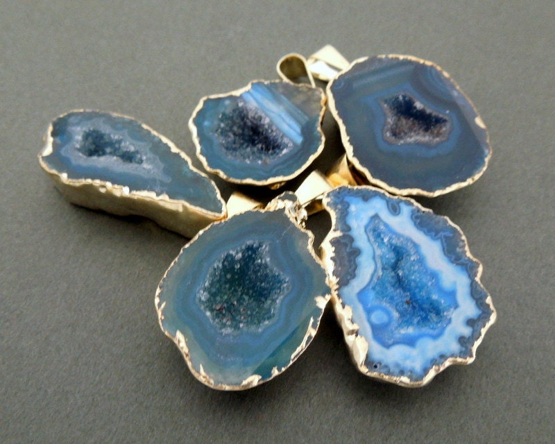 Petite Blue Geode Half Druzy Crystal Pendant -- Gold Electroplated ...