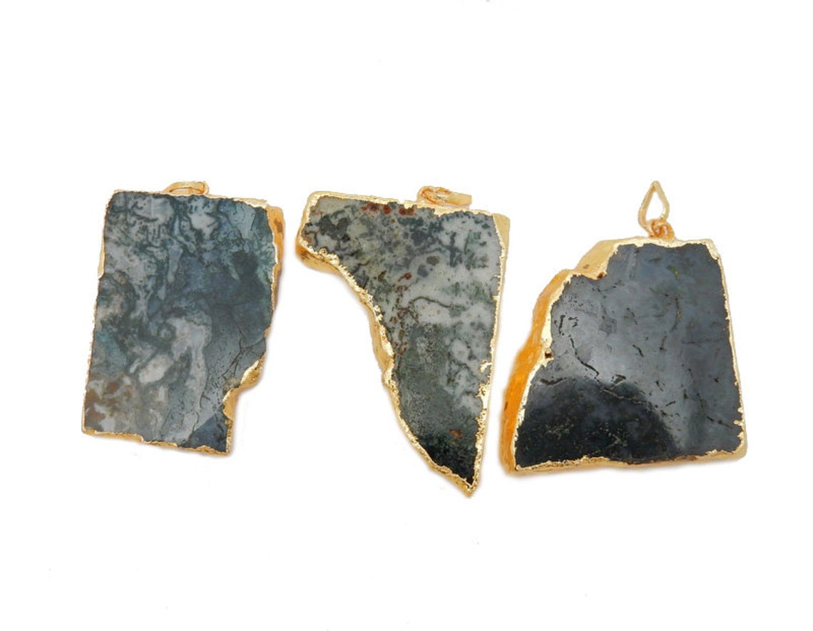 Moss Agate Slab Pendant With Electroplated 24k Gold Edge - Etsy
