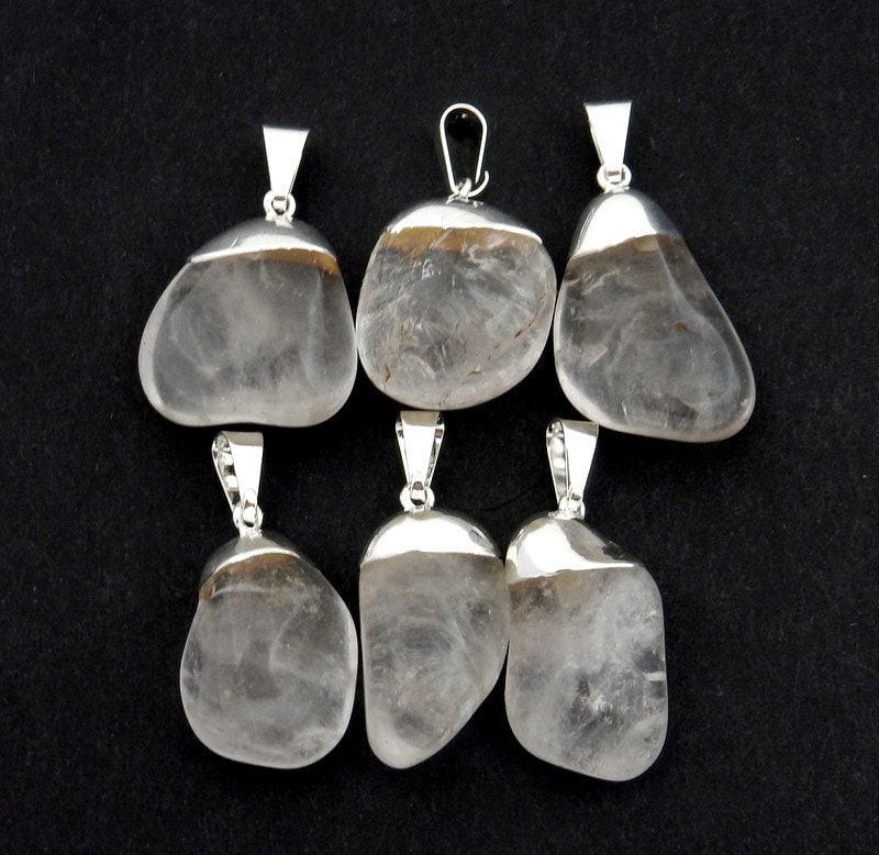 Crystal Quartz Stone Tumbled Pendant Charm With Silver Electroplated ...
