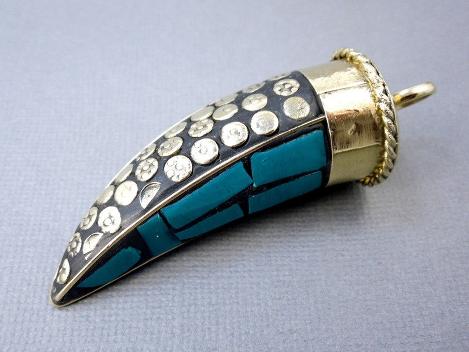Horn Pendant Tibetan Brass Dotted Flower and Turquoise Horn | Etsy