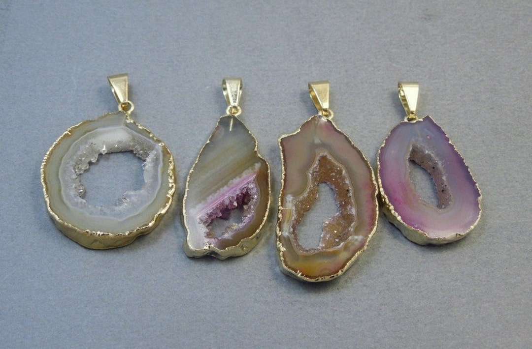 Pink and Tan Agate Slice With Druzy Pendant With Electroplated Gold ...