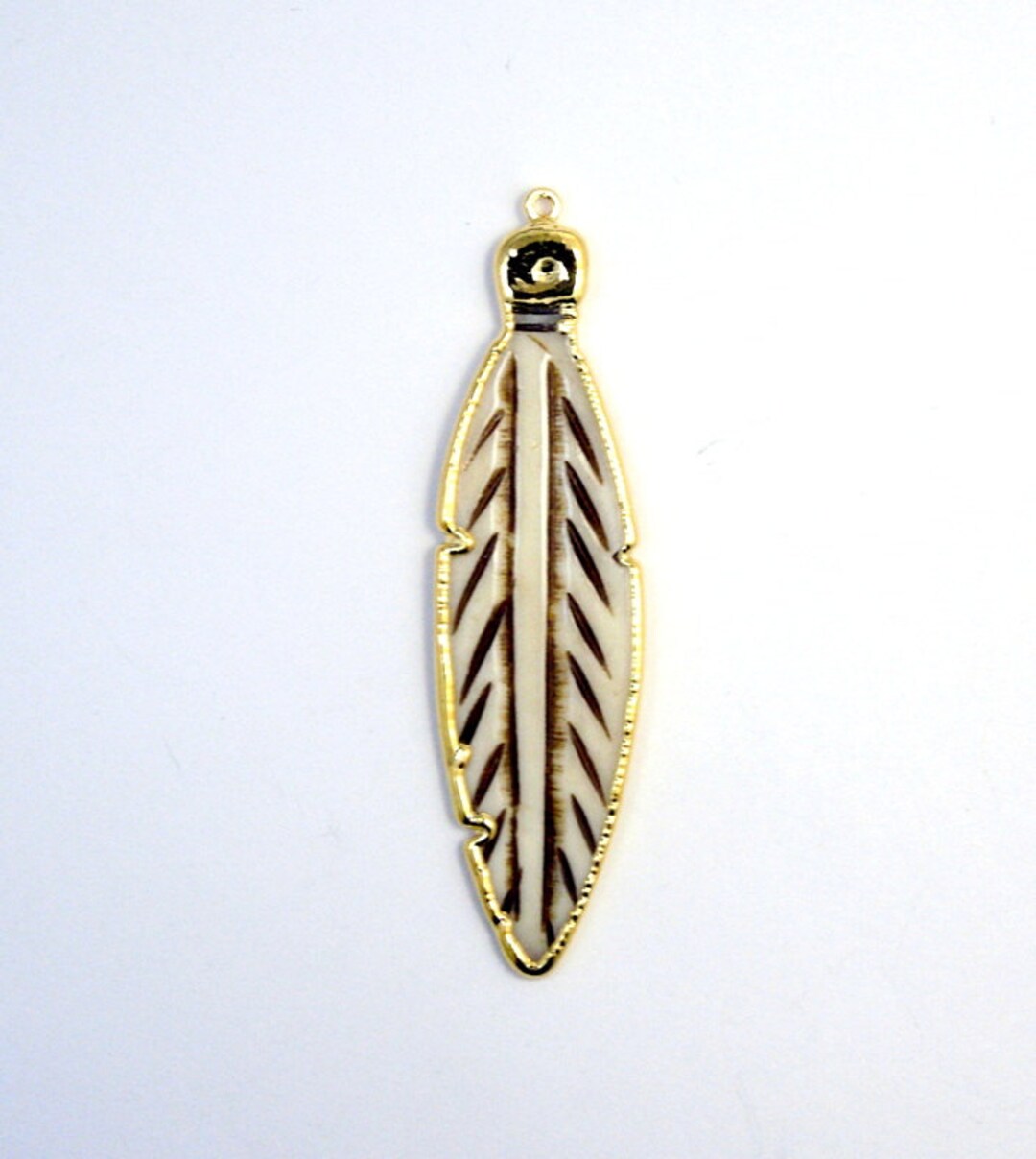 Bone Feather Pendant-- White Carved Bone Feather Pendant With 24k Gold ...