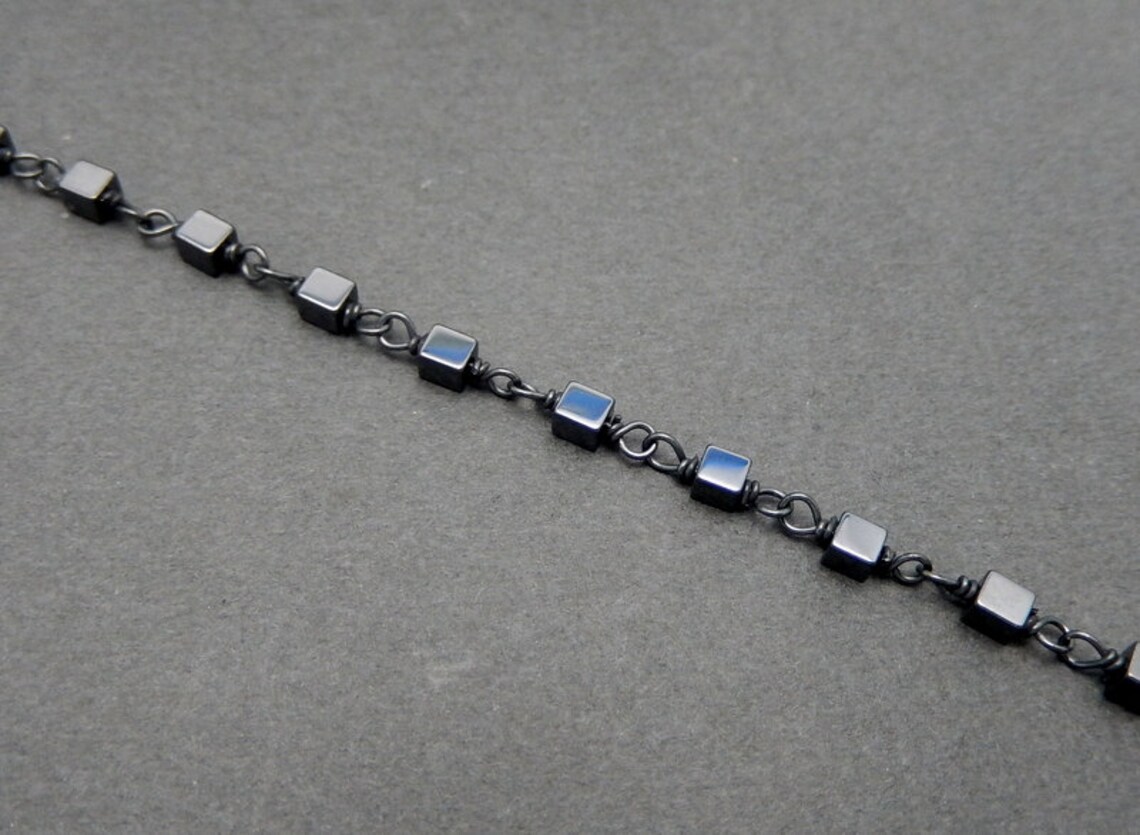 Hematite Chain-- Hematite Cube Beads on Oxidized Sterling Silver Wire ...