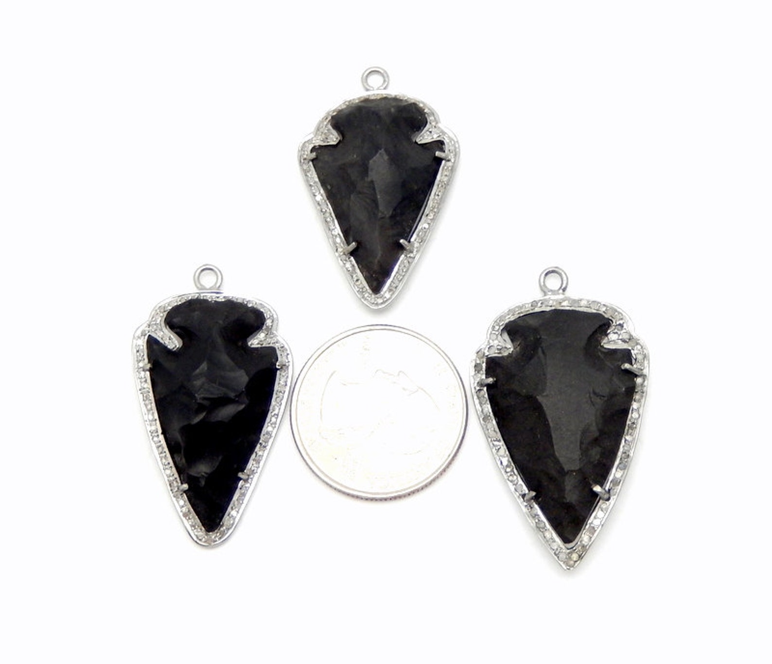 Pave Diamond Black Obsidian Arrowhead Charm Pendant With | Etsy