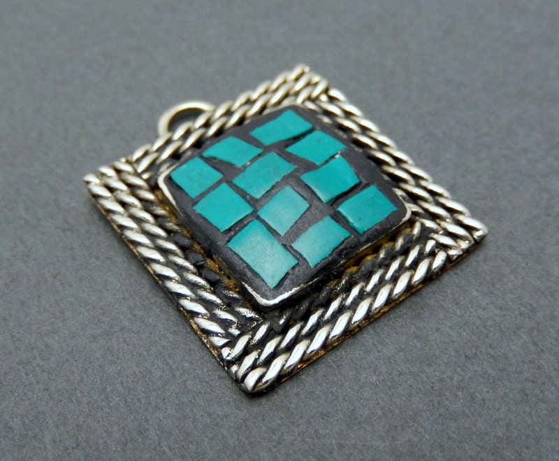 Square Turquoise Color Mosaic Brass Pendant S4B5-12 | Etsy