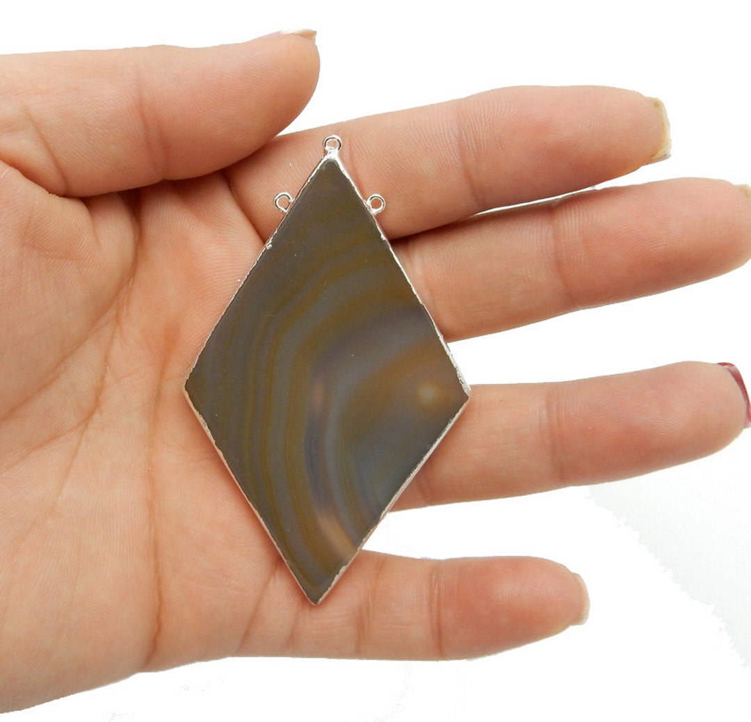 Tan Diamond Shaped Agate Slice Triple Bail Pendant With Silver ...