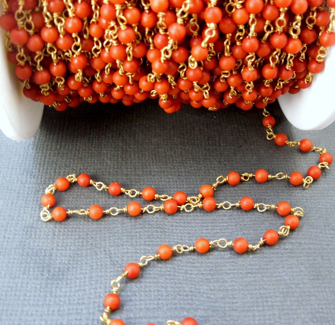 Red Coral Colored Beads on Gold Over Sterling Silver Wire Wrapped Chain ...