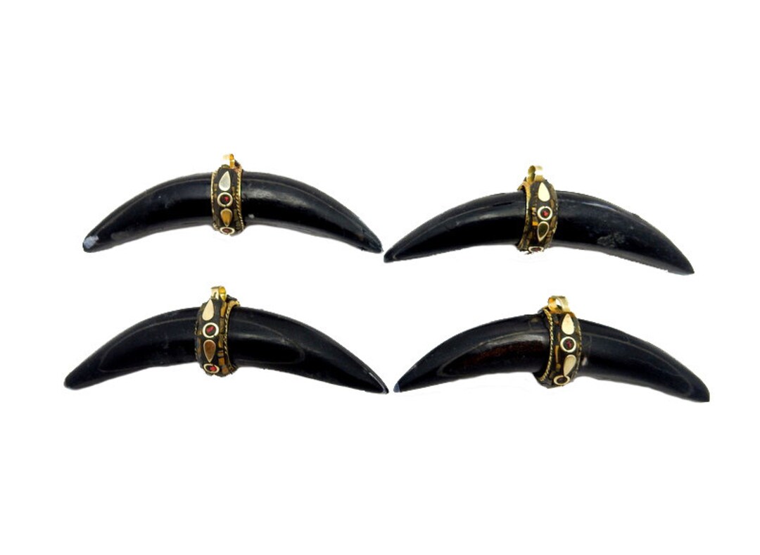 Black Bone Carved Sideways Horn Pendant With Brass Band and Red Coral ...