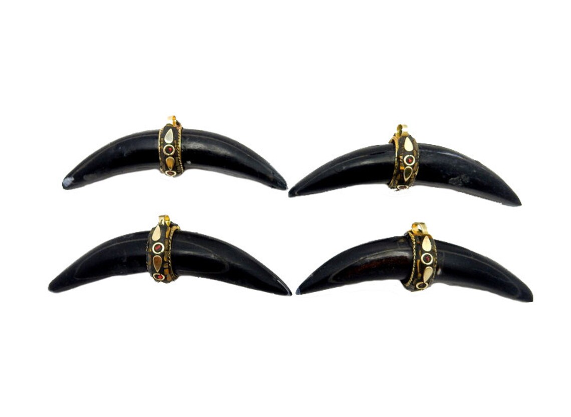 Black Bone Carved Sideways Horn Pendant With Brass Band and - Etsy