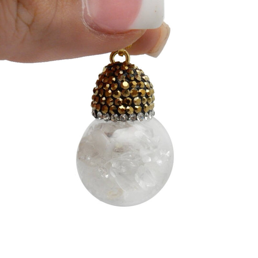 Glass Sphere With Crystal Quartz Chips and Rhinestone Pave Cap in Gold ...