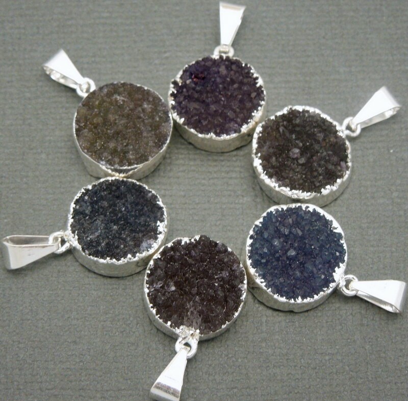 Round Dark Colored Druzy Cluster Pendant with Silver | Etsy