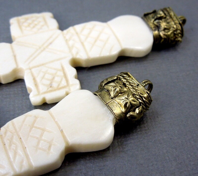 Tibetan Cross Pendant-- Carved Bone Cross Pendant With Engraved Brass ...