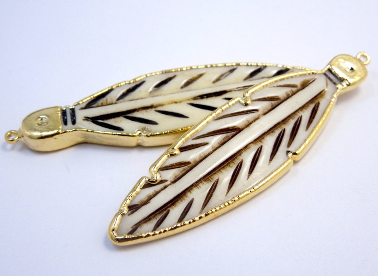 Bone Feather Pendant-- White Carved Bone Feather Pendant With 24k Gold ...